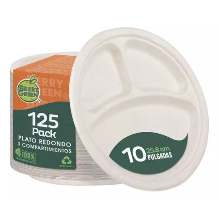 Berry Green 125 Platos Grandes Con Divisiones, 100% Compostables